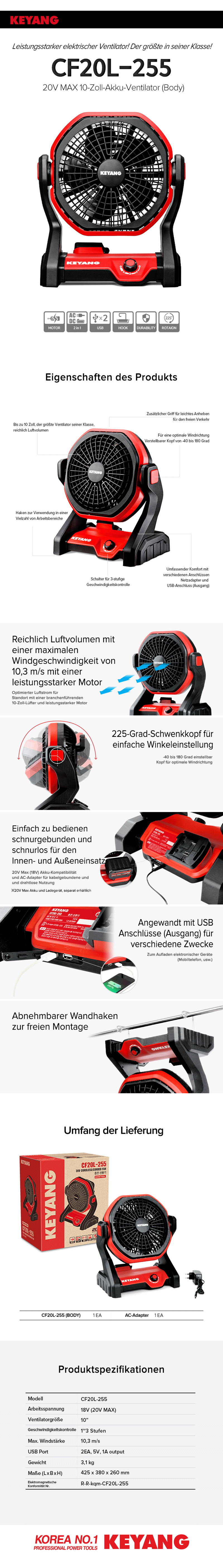 Keyang CF20L-255 Elektrischer Ventilator - 20V 22,5 cm - BJC Tools
